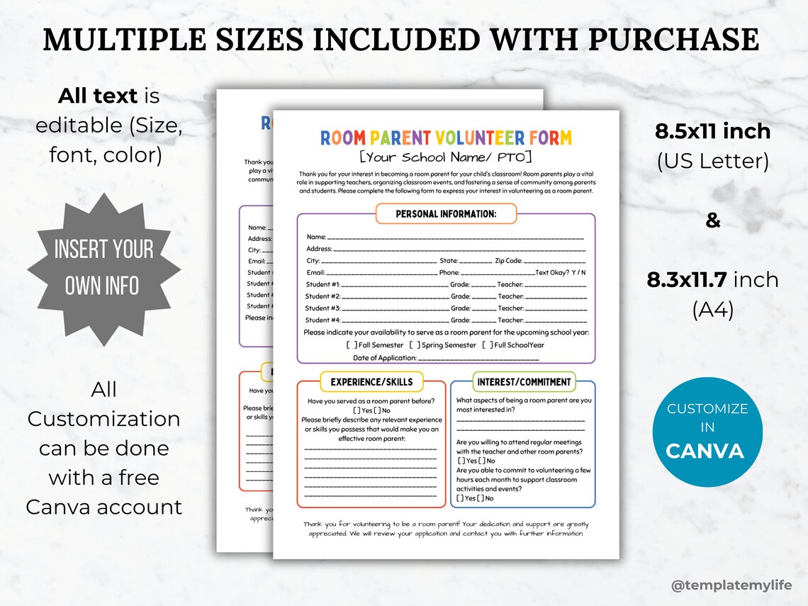 PTA Room Parent Flyer Printable PTO Room Parent Form Editable Template ...