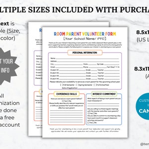 PTA Room Parent Flyer Printable PTO Room Parent Form Editable Template ...