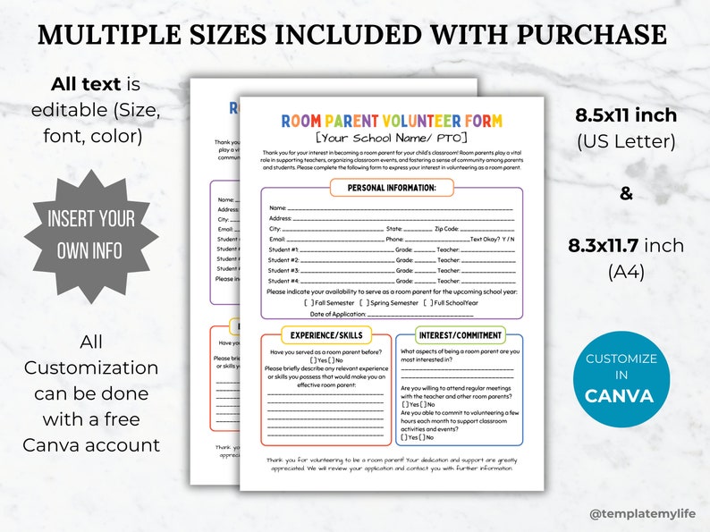 PTA Room Parent Flyer Printable PTO Room Parent Form Editable Template ...