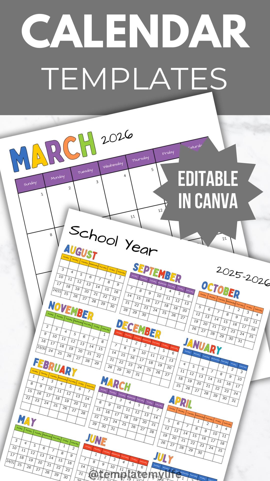PTA PTO School Year Calendar Template 2025-2026 Portrait Monthly ...