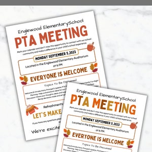 Fall PTA Meeting Flyer Printable PTO Fall Meeting Flyer Editable ...