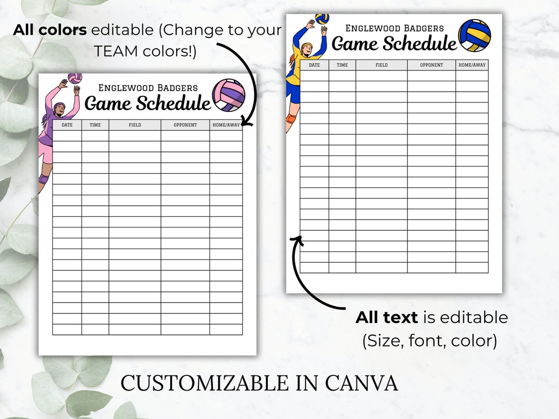 Volleyball Game Schedule Template Volleyball Sports Calendar - Etsy