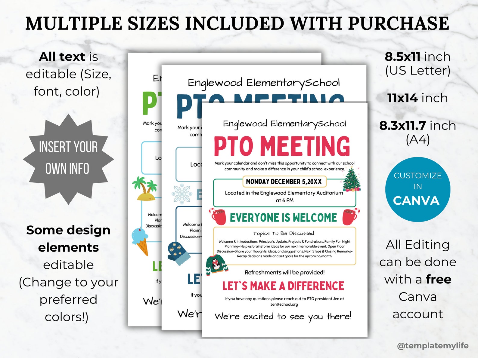 PTO Meeting Flyer Template Bundle Seasonal Pto Flyer Editable Pto ...