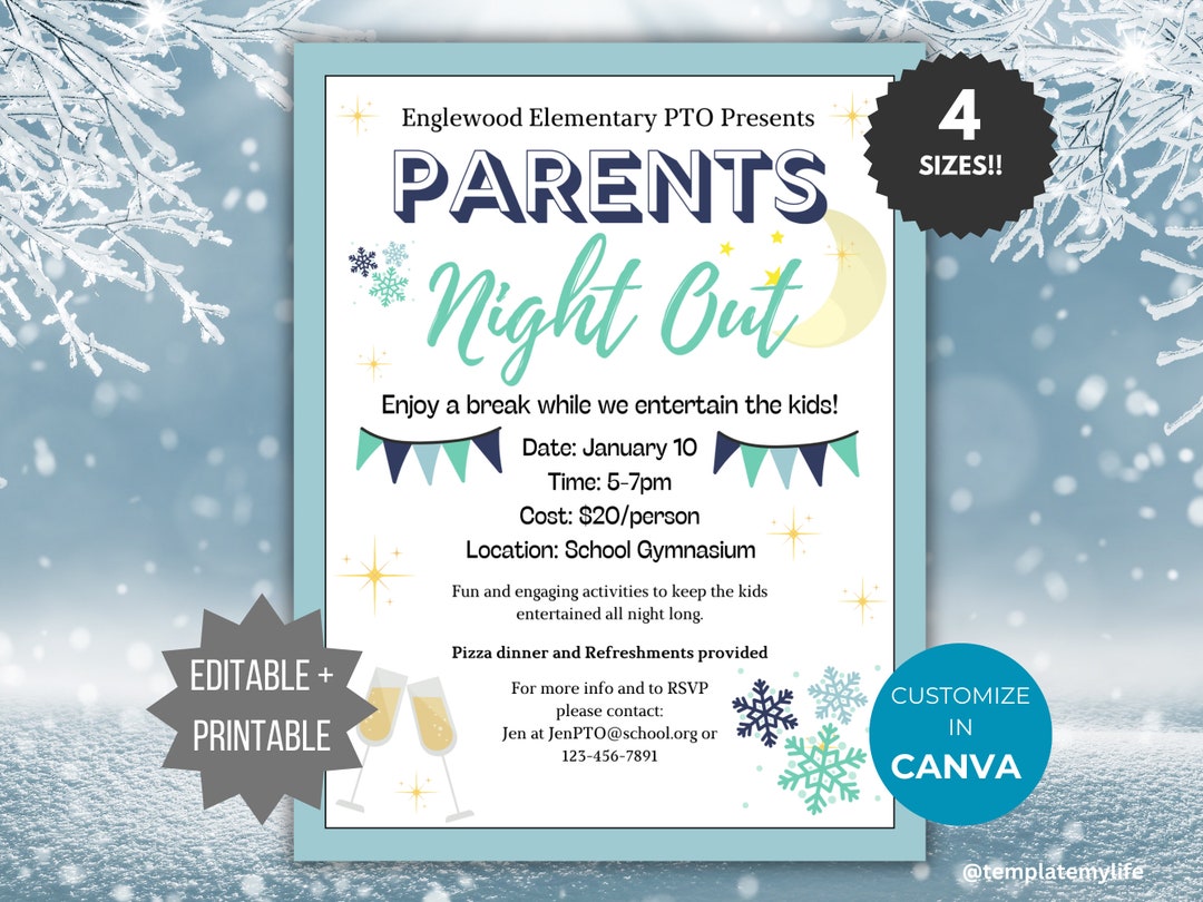 Winter Parents Night Out Flyer Template PTO School Fundraiser PTA Flyer ...