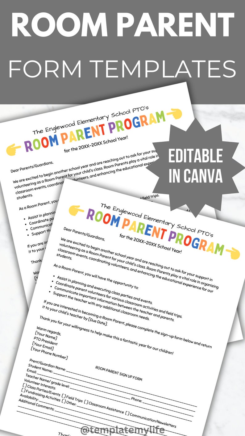 PTA Room Parent Flyer Template PTO Room Parent Sign up Form Editable ...