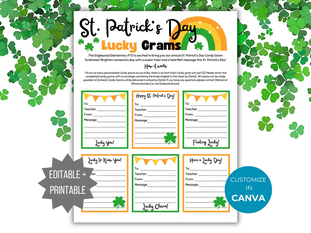 St Patricks Day Lucky Gram Flyer PTO Template St Paddy Candy Gram ...