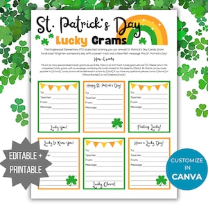 St Patricks Day Lucky Gram Flyer PTO Template St Paddy Candy Gram ...