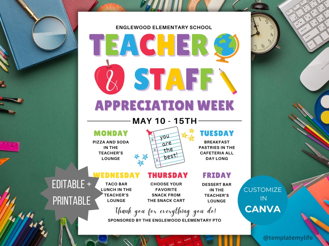 Editable Teacher Appreciation Week Flyer PTO PTA Template School Staff ...