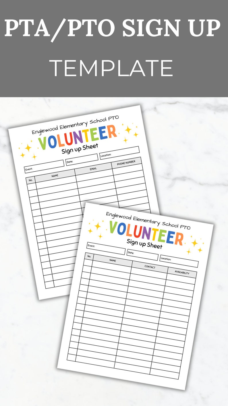 PTA Sign up Sheet Template PTO Sign up Sheet Printable School Event ...