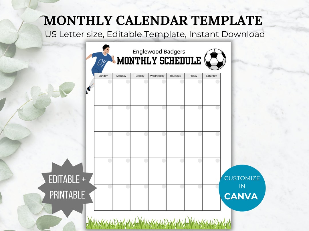 Soccer Season Calendar Template Monthly Soccer Game Schedule Editable ...