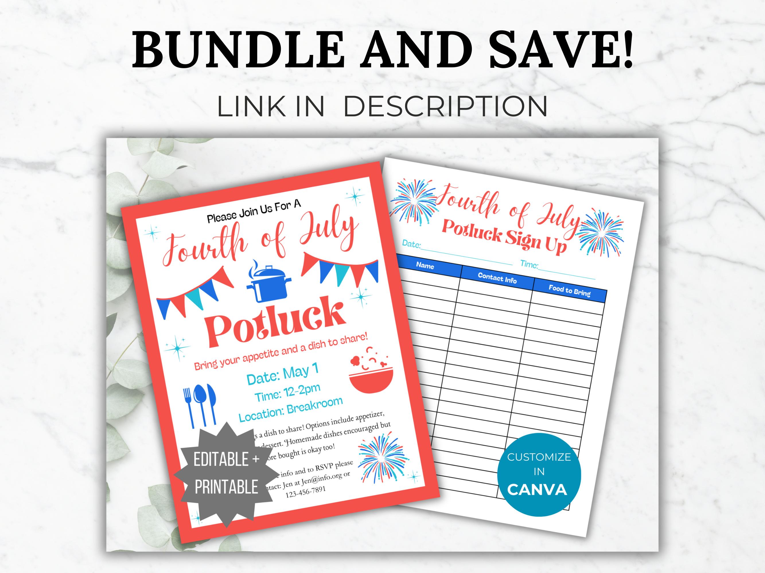 Independence Day Potluck Sign up Sheet Template Fourth of July Potluck ...