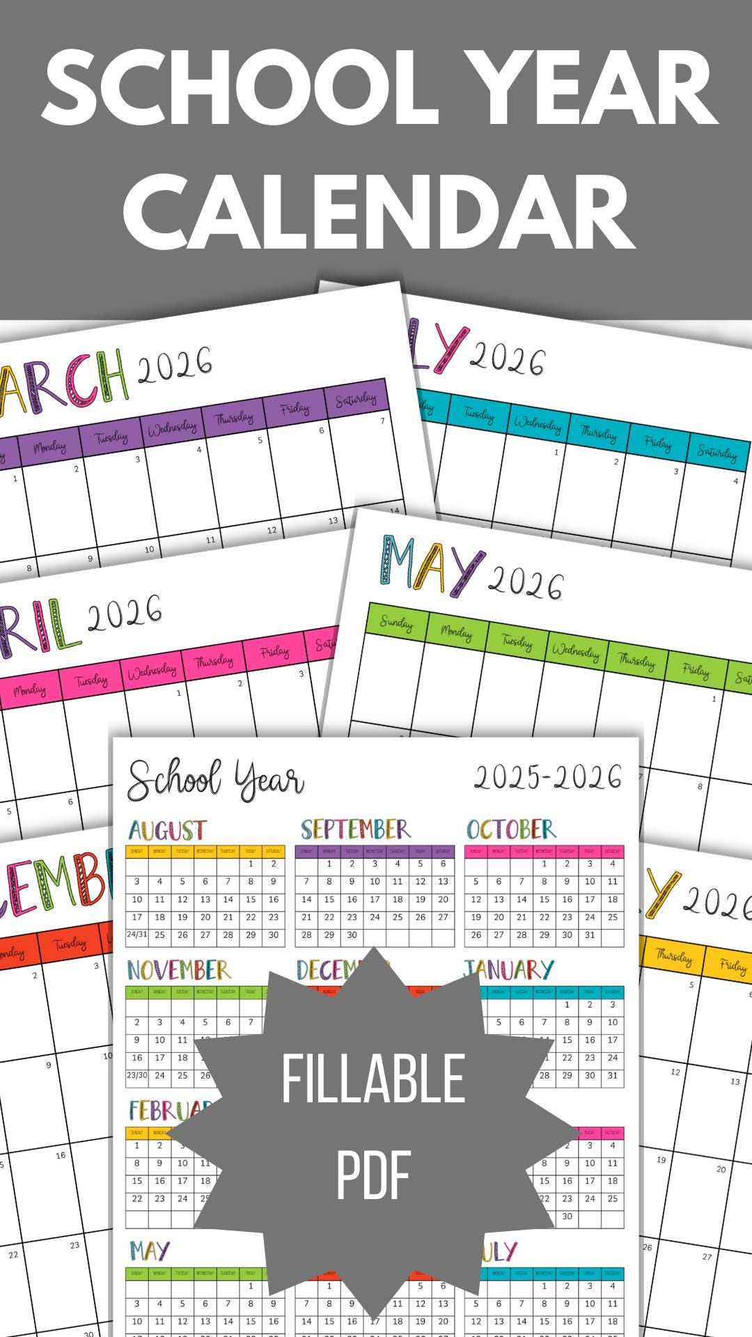 Calendario escolar imprimible 2025-2026 Paquete vertical Calendario ...