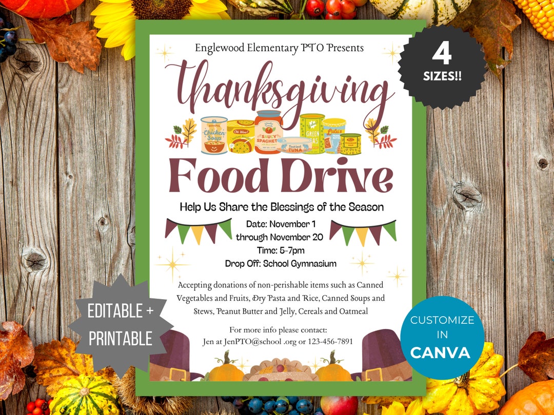 Thanksgiving Food Drive Flyer Template PTO Charity Flyer Editable ...