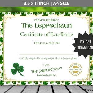 Leprechaun Trap Printable Certificate Leprechaun Gift St Patricks Day ...