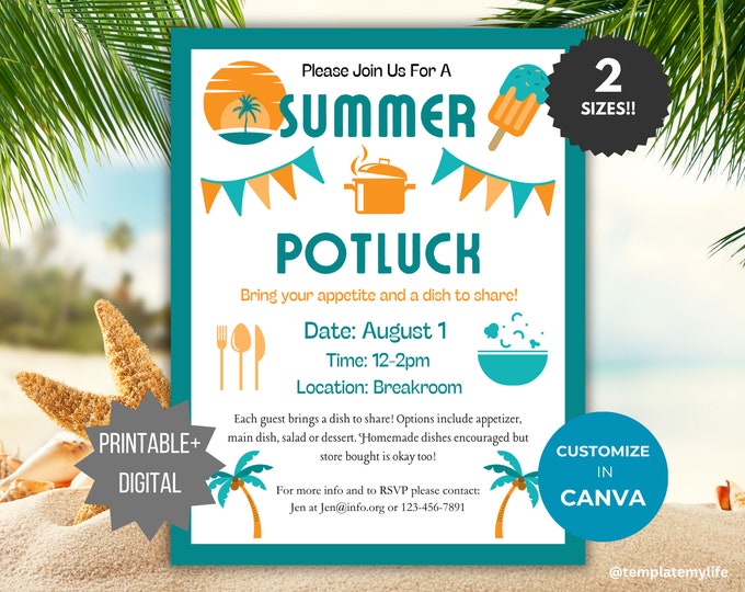 Summer Potluck Sign up Sheet Template Dinner Party Food Signup Flyer ...