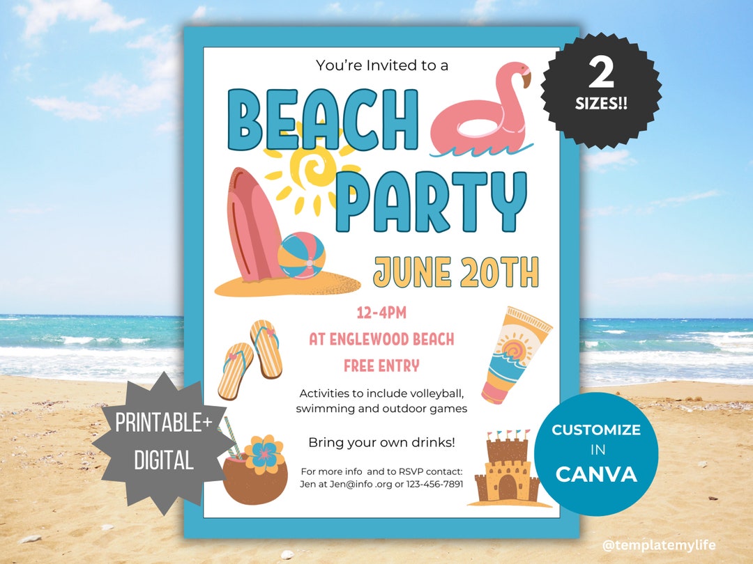 Beach Party Template Editable Summertime Fundraiser Flyer Community ...