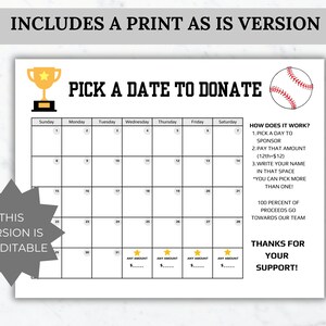 Baseball Pick a Date to Donate Template Baseball League Fundraiser ...
