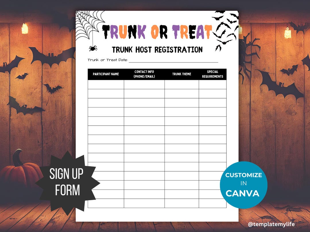 Trunk or Treat Flyer Template PTO Host Registration Sign up Sheet ...