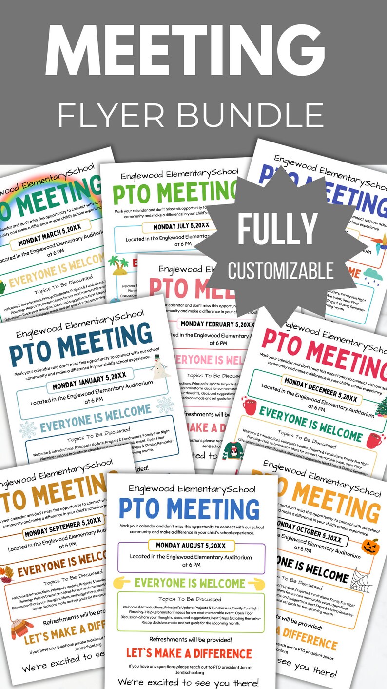 PTO Meeting Flyer Template Bundle Monthly Meeting Invite Pta Flyer ...