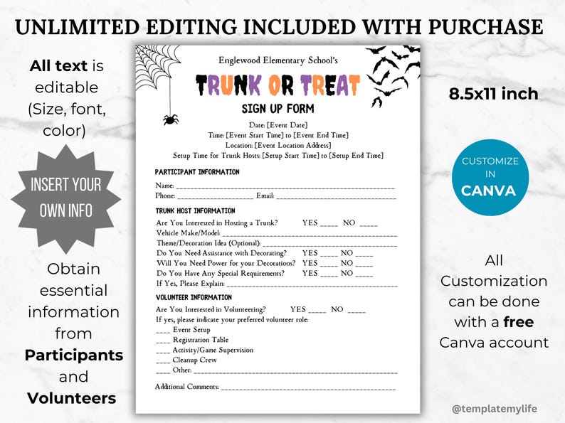 Trunk or Treat Flyer Invitation Sign up Form PTO Template Bundle ...