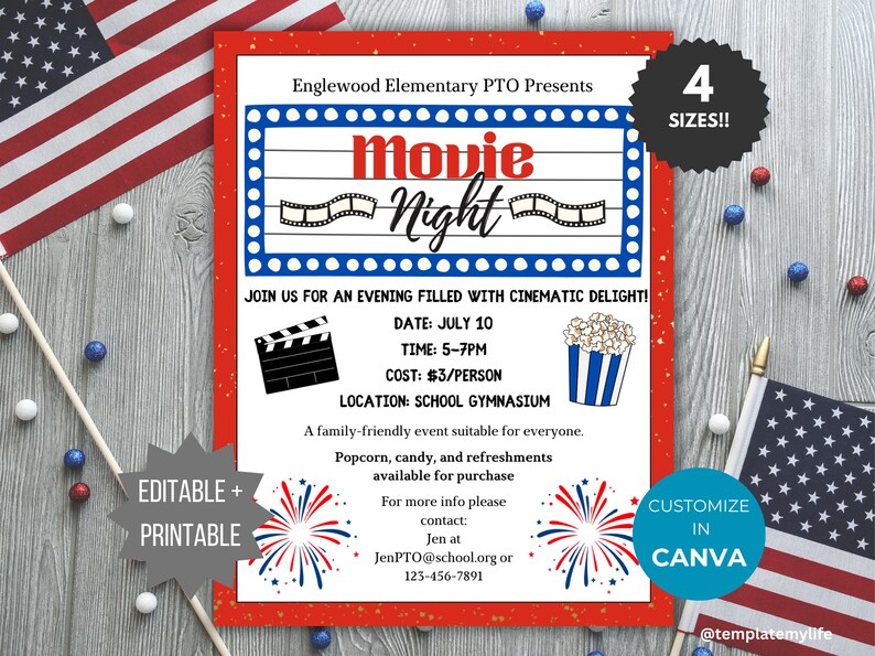 Fourth of July Movie Night Invitation PTO Template School Fundraiser ...