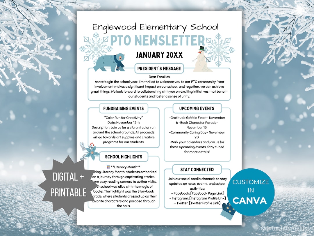 PTA Winter Newsletter Flyer Printable PTO School Newsletter Flyer ...