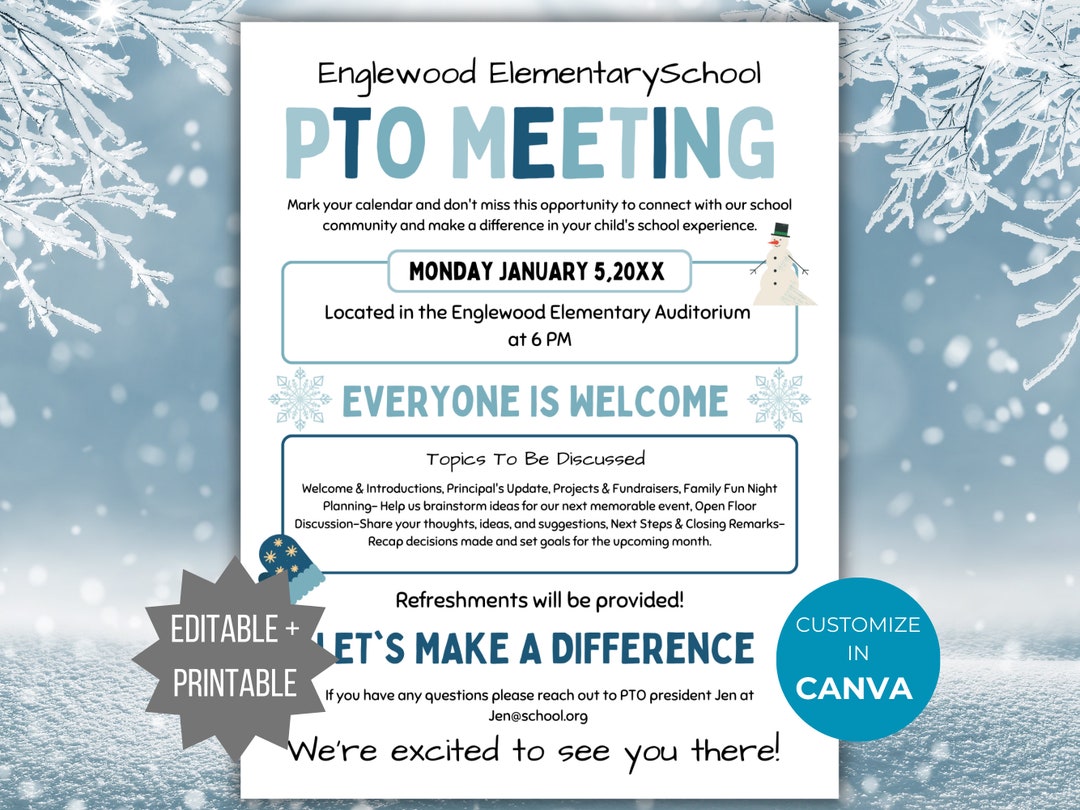 Winter PTA Meeting Flyer Printable PTO School Meeting Flyer Editable ...