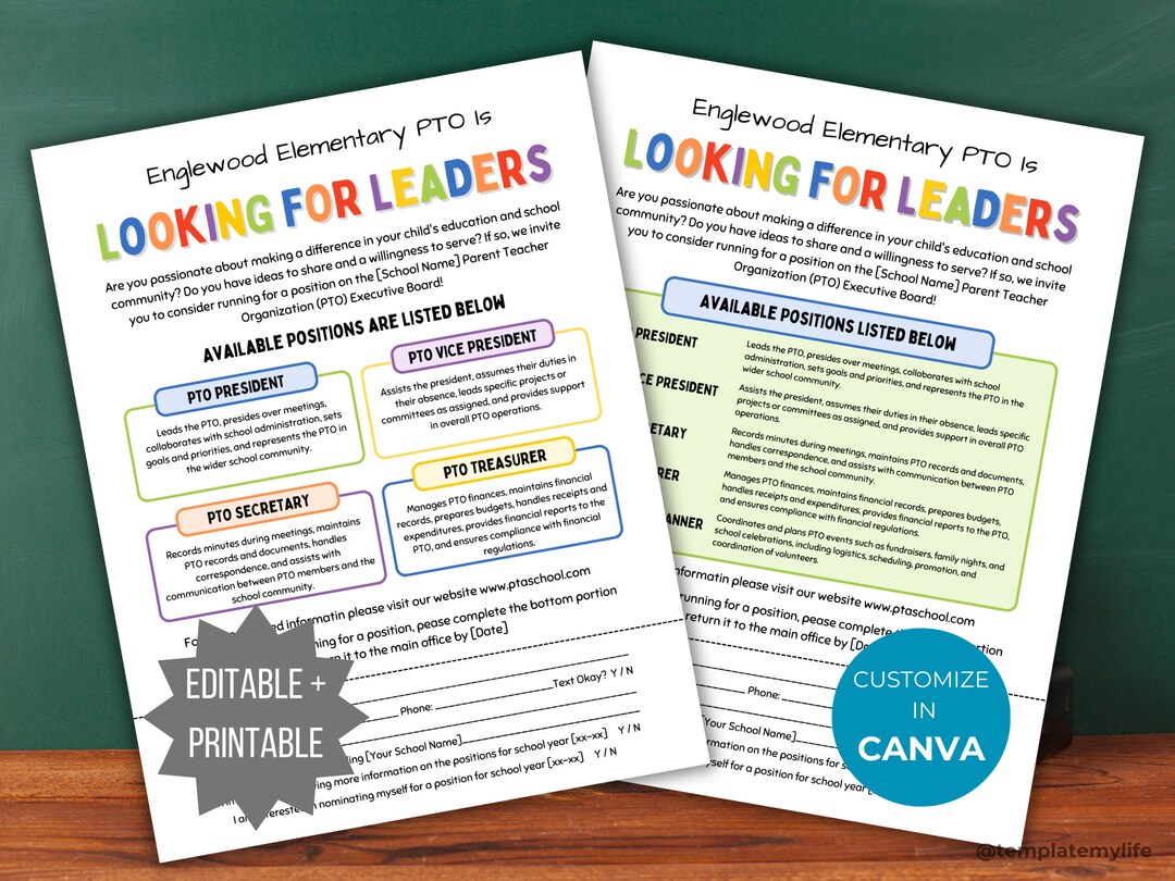 PTA PTO Board Member Positions Flyer Bundle PTA Election Nomination Form Pto Position Leader ...