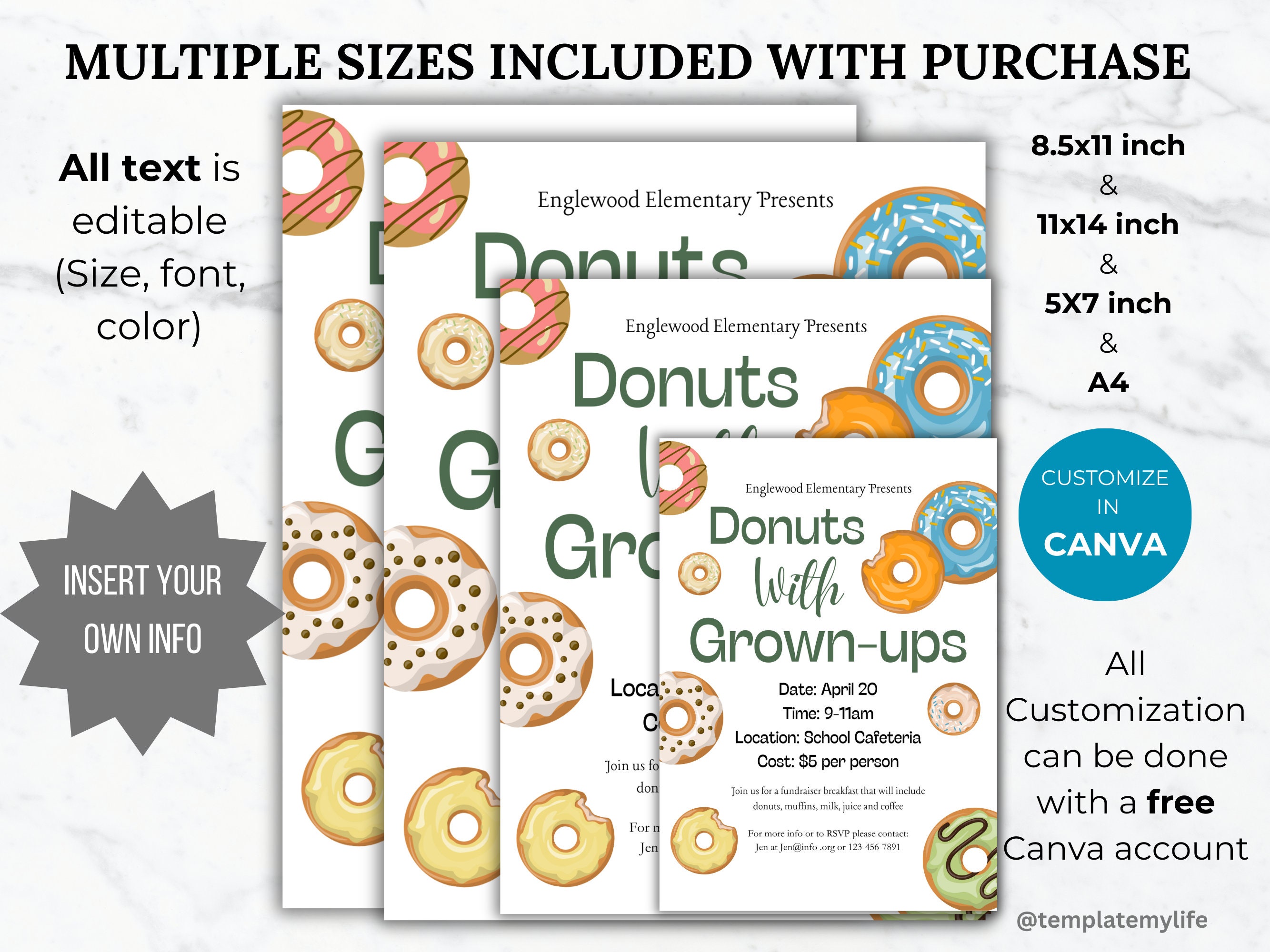 Editable Donuts With Grownups Flyer Invite Breakfast Brunch PTA Flyer ...