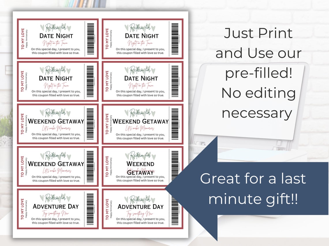 Coupon Book for Her Anniversary Printable Gift Editable Love Coupons ...