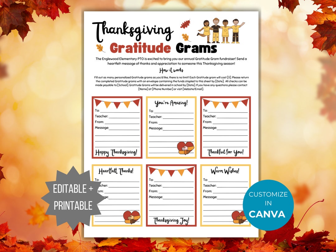 Thanksgiving Gratitude Gram Flyer PTO Template Turkey Gram Printable ...