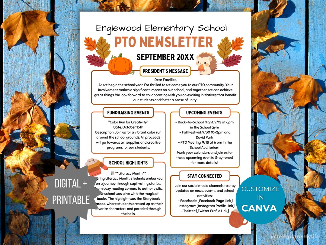 PTA Fall Newsletter Flyer Printable PTO School Newsletter Flyer ...