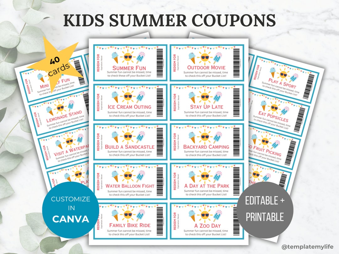 Summer Activities Coupon Book for Kids Birthday Gift Voucher Printable ...
