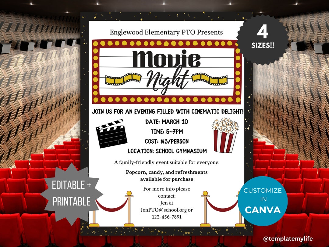 Movie Night Invitation PTO Template School Fundraiser PTA Flyer Family ...