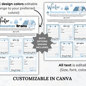 Winter Snowman Gram Flyer PTO Template Holiday Candy Gram Printable ...