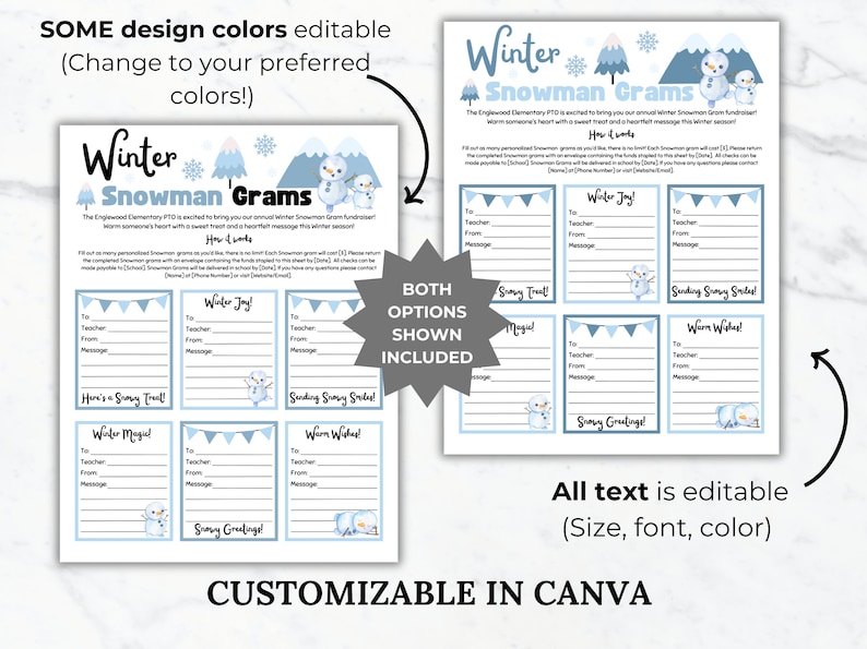 Winter Snowman Gram Flyer PTO Template Holiday Candy Gram Printable ...