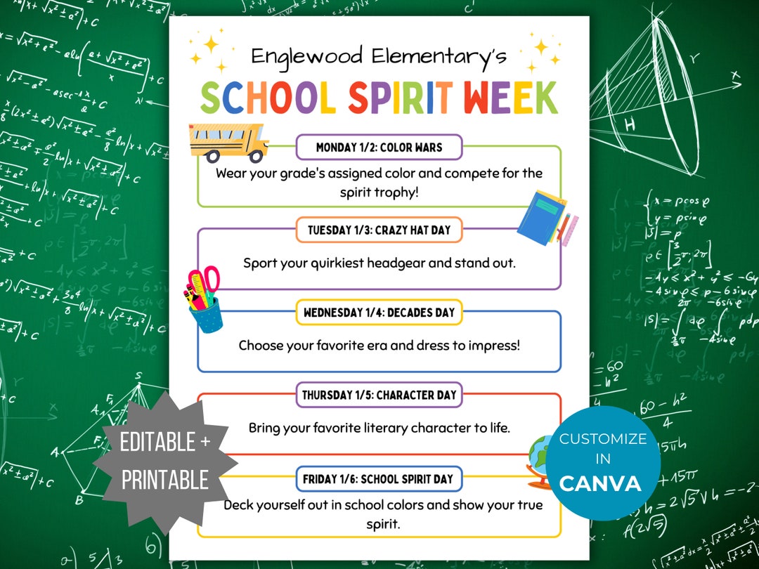 Back to School Spirit Week Flyer Printable School Spirit Flyer Editable ...