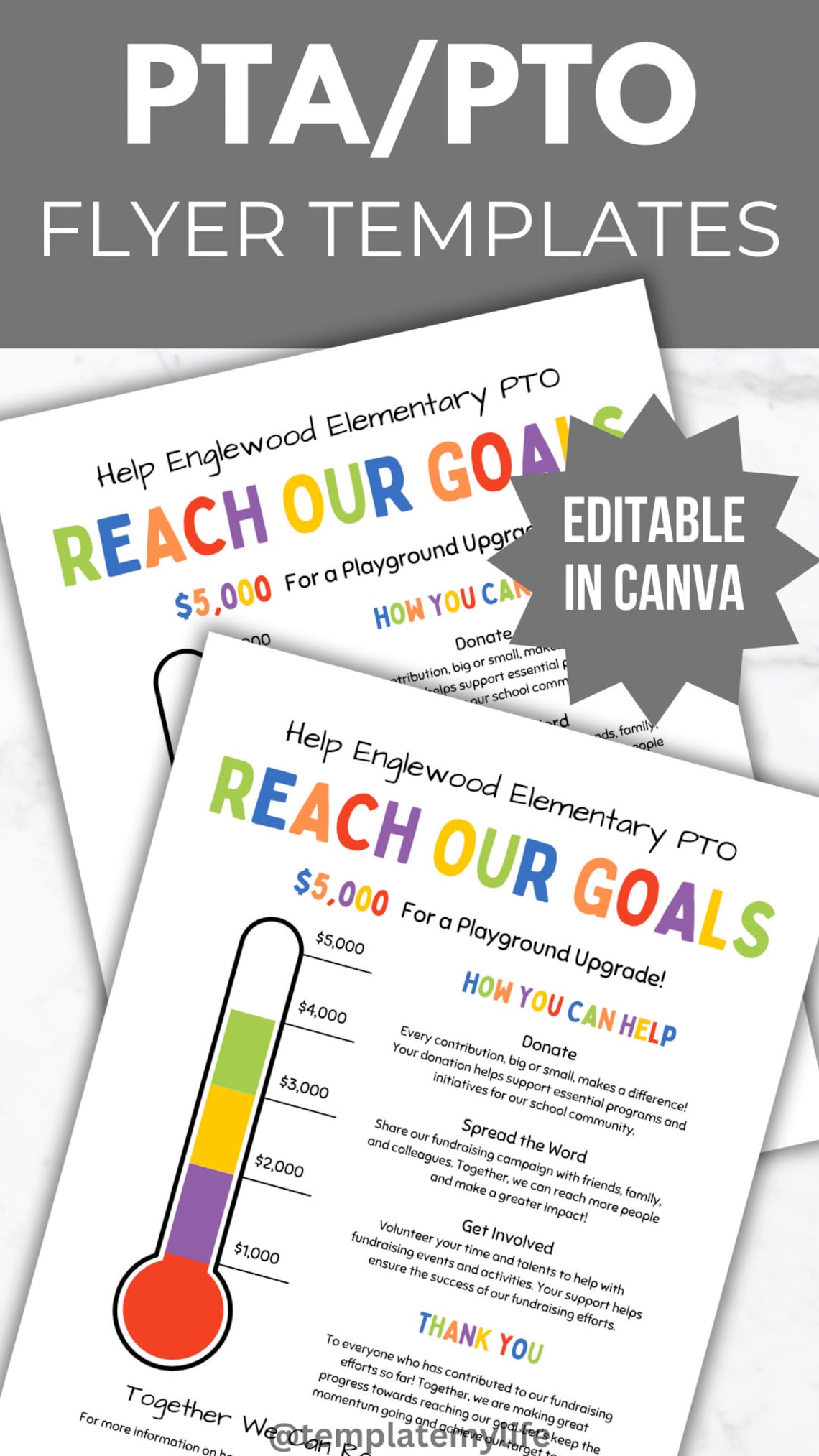Fundraising Goal Tracker PTA Flyer Fundraiser Thermometer Template PTO ...