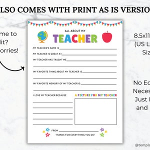 Teacher Appreciation Week Template All About My Teacher Printable ...