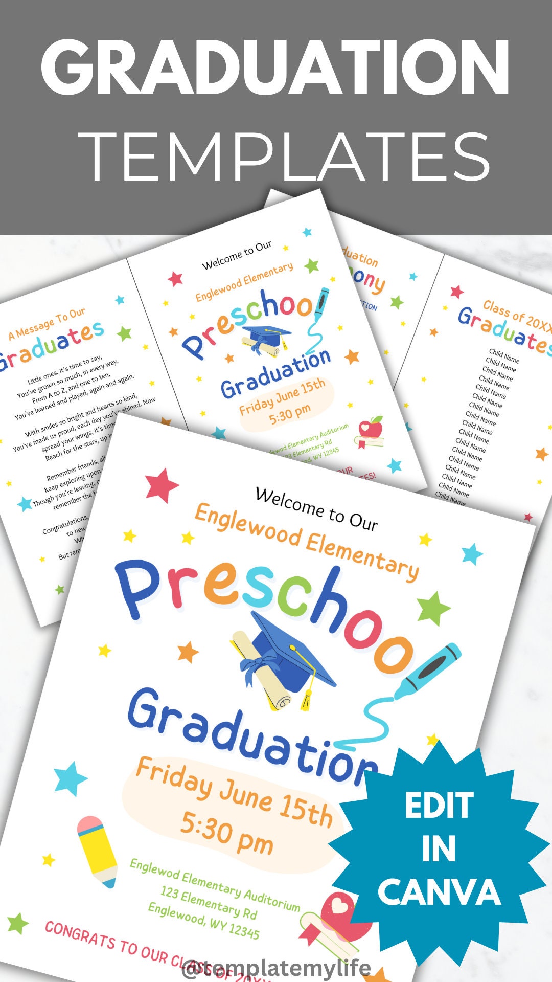 Preschool Graduation Ceremony Program Template Editable Pre-k ...