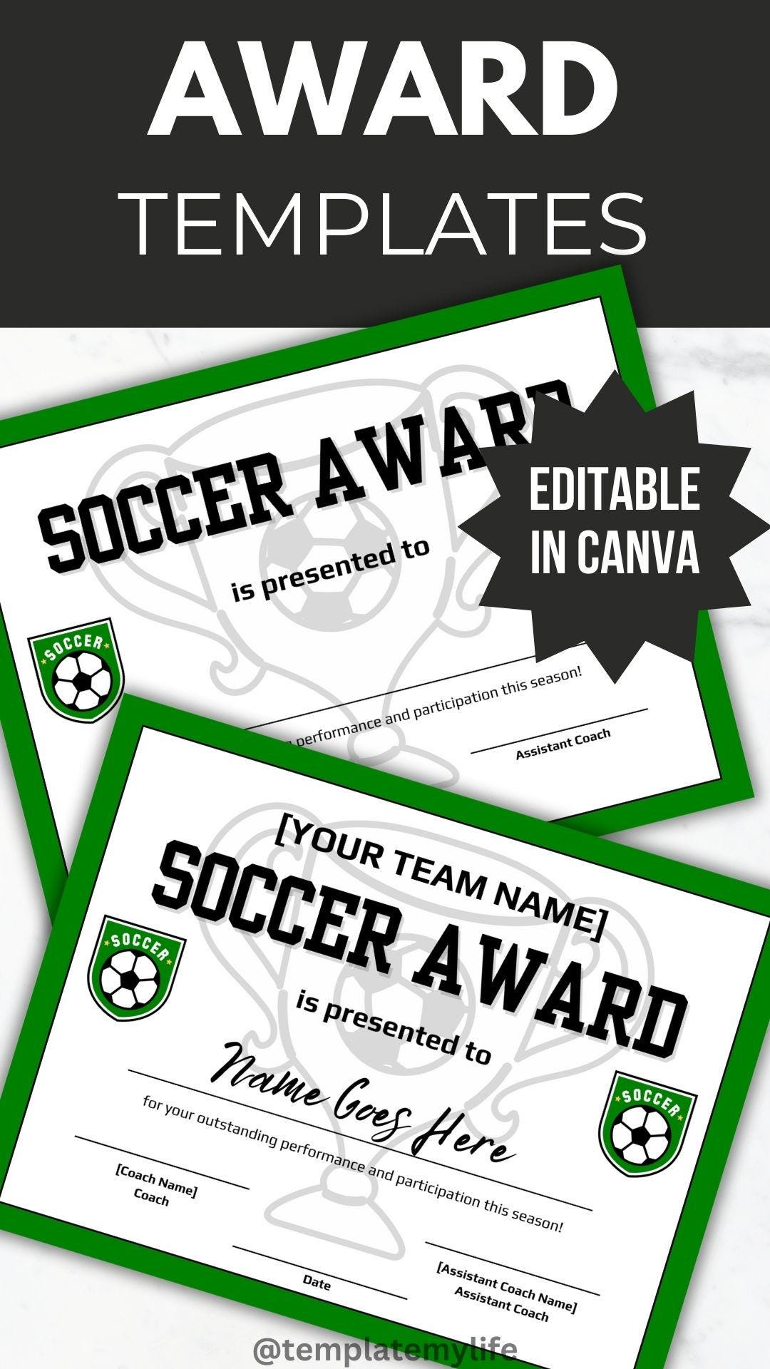 Modèle de certificat de récompense de football modifiable Modèle de ...
