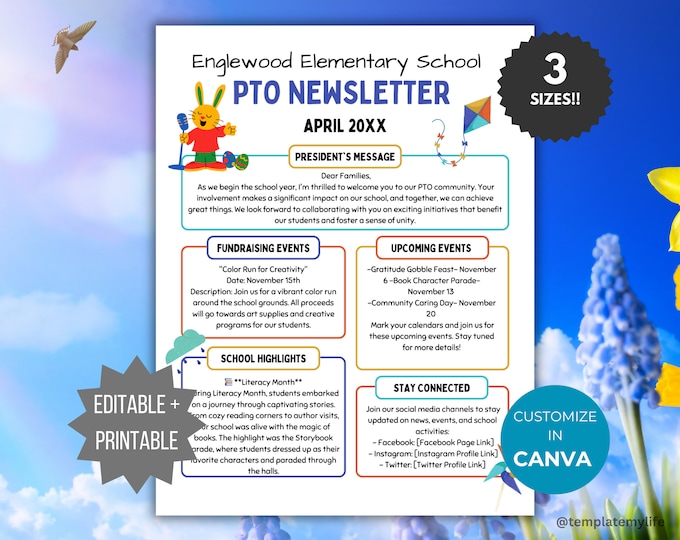 Editable April PTO PTA Newsletter Flyer Printable, School Year Parent ...