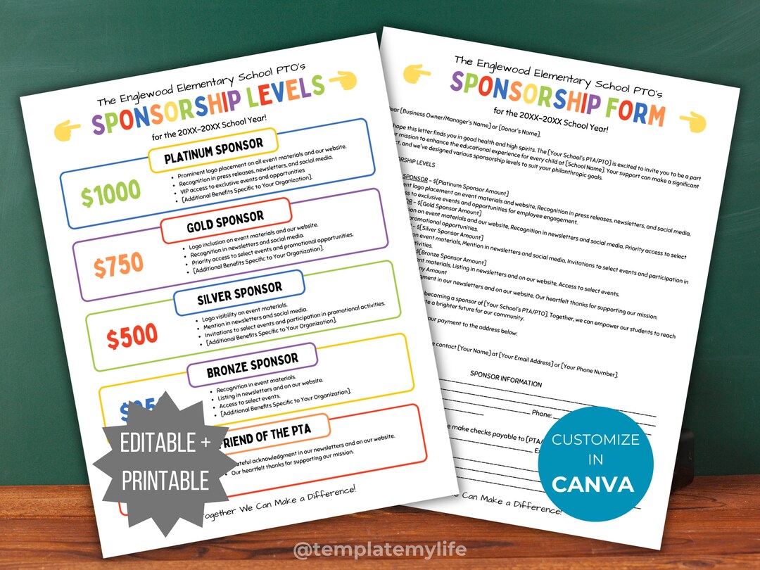 PTA Sponsorship Level Flyer Printable PTO Sponsorship Form Editable ...