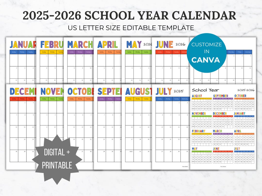 PTA PTO School Year Calendar Template 2025-2026 Portrait Monthly ...