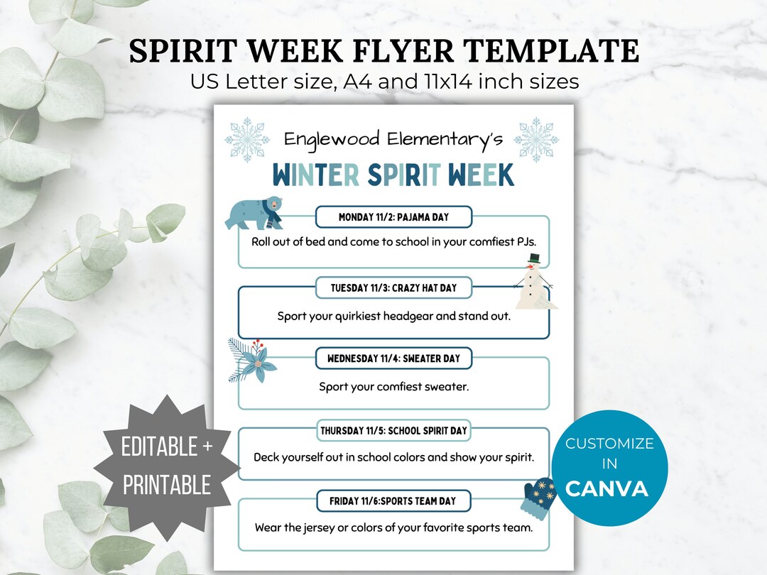 Winter Spirit Week Flyer Printable School Spirit Flyer Editable Pto ...