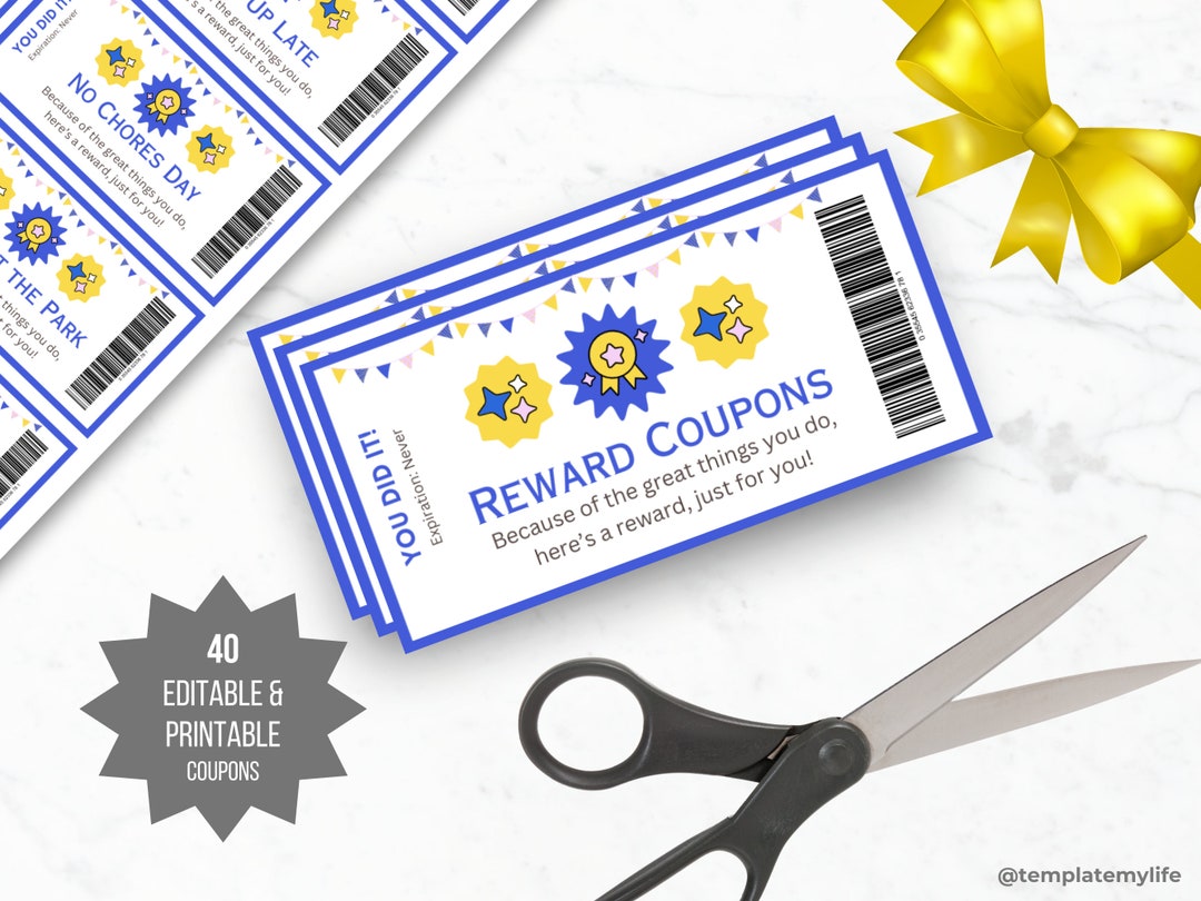 Kid Reward Coupon Book Kid Activity Printable Reward Tokens Editable ...