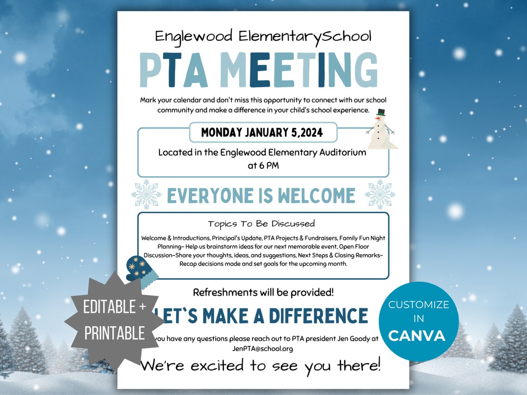 Winter PTA Meeting Flyer Printable PTO School Meeting Flyer Editable ...
