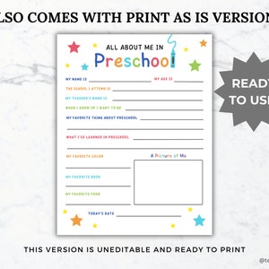 Editable All About Me Preschool Printable Worksheet Kid School ...