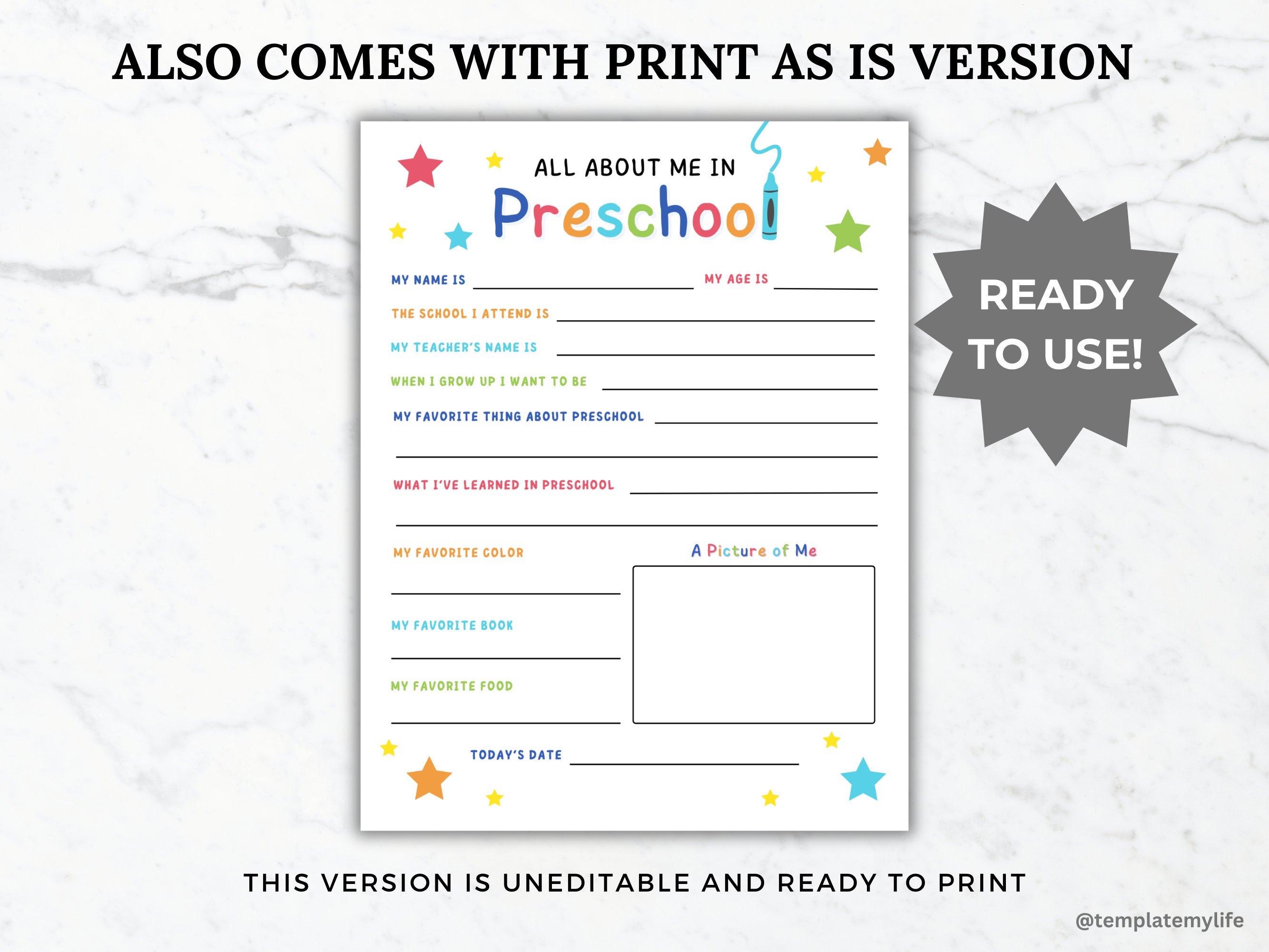 Editable All About Me Preschool Printable Worksheet Kid School ...