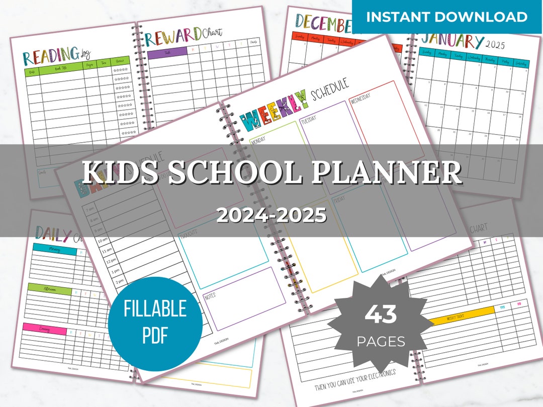 Editable School Year Planner Printable 2024-2025 Monthly Calendar Kid ...